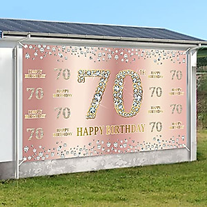 Happy 70th Birthday Banner Decorations for Women, Pink Rose Gold 70 Birthday Backdrop Sign Party Supplies, Large 70 Year Old Birthday Photo Booth Props Background for Outdoor Indoor