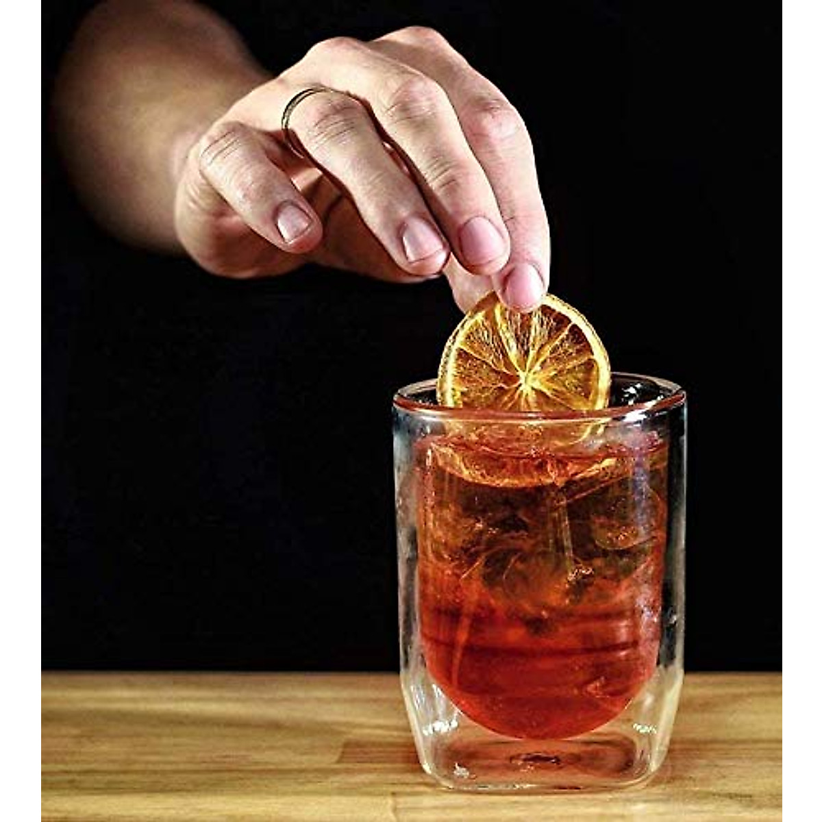 Aged & Ore - The Duo Glass | Hand Blown Double Walled Whiskey Glass Gift Set with Free Silicone Ice Molds | Integrated Measuring Lines for the Perfect Cocktail | Durable Modern Tumbler | Set of 4