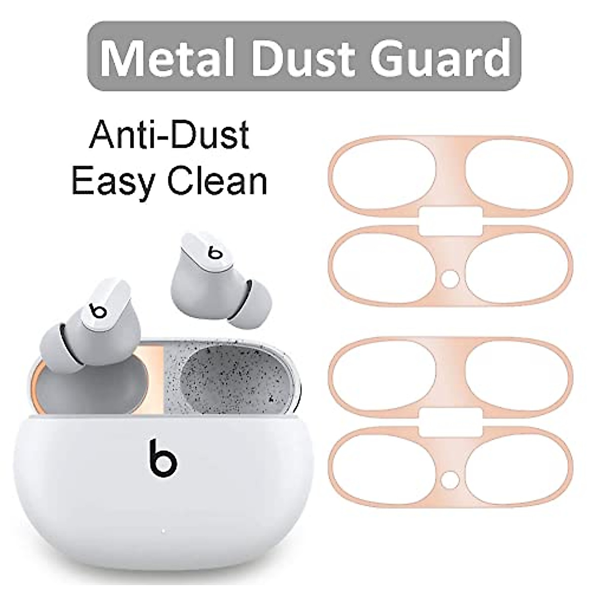 Dust Guard Ear Tips Kit Compatible with Beats Studio Buds, 2 Ultra Thin Dust Proof Metallic Stickers Cover and 6 Pairs Replacement Eartips Compatible with Beats Studio Buds - S/M/L Rose Gold