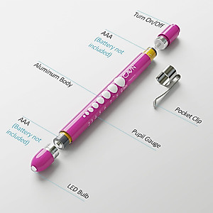 CAVN Pen Light with Pupil Gauge LED Penlight for Nurses Doctors, 2 Pcs Reusable Medical Penlight for Nursing Students (Purple/Pink)