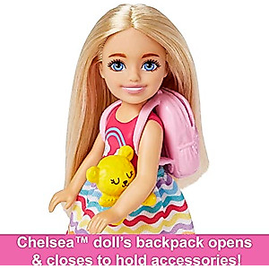 Barbie Chelsea Doll & 6 Accessories, Travel Set with Puppy, Pet Carrier & Backpack that Opens & Closes, Blonde Small Doll