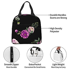 Reusable Lunch Tote Bag Watercolor Purple Floral Roses Insulated Lunch Bag Durable Cooler Lunch Box