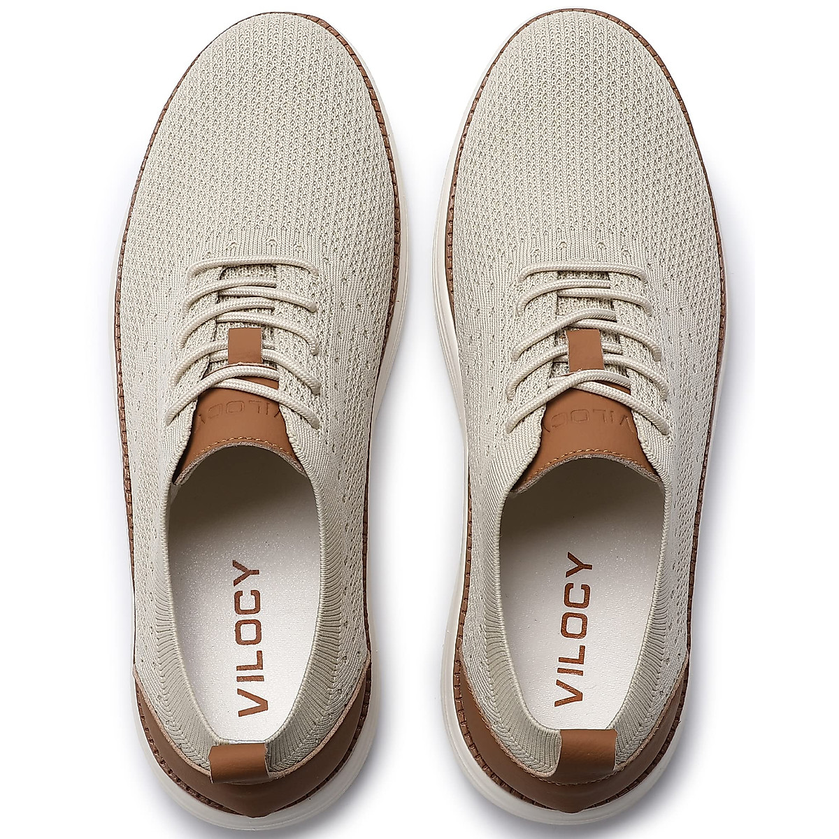 VILOCY Men's Casual Dress Sneakers Oxfords Business Shoes Lace Up Lightweight Comfortable Breathable Walking Knit Mesh Fashion Sneakers Tennis Beige,EU44