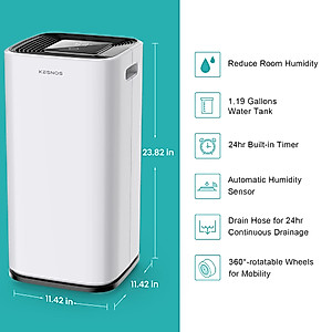 Kesnos 5000 Sq. Ft Large Dehumidifier for Home with Drain Hose and 1.19 Gallons Water Tank - Intelligent Touch Control and Low Noise, 24 Hr Timer Ideal for Basements, Bedrooms, Bathrooms, Laundry Rooms