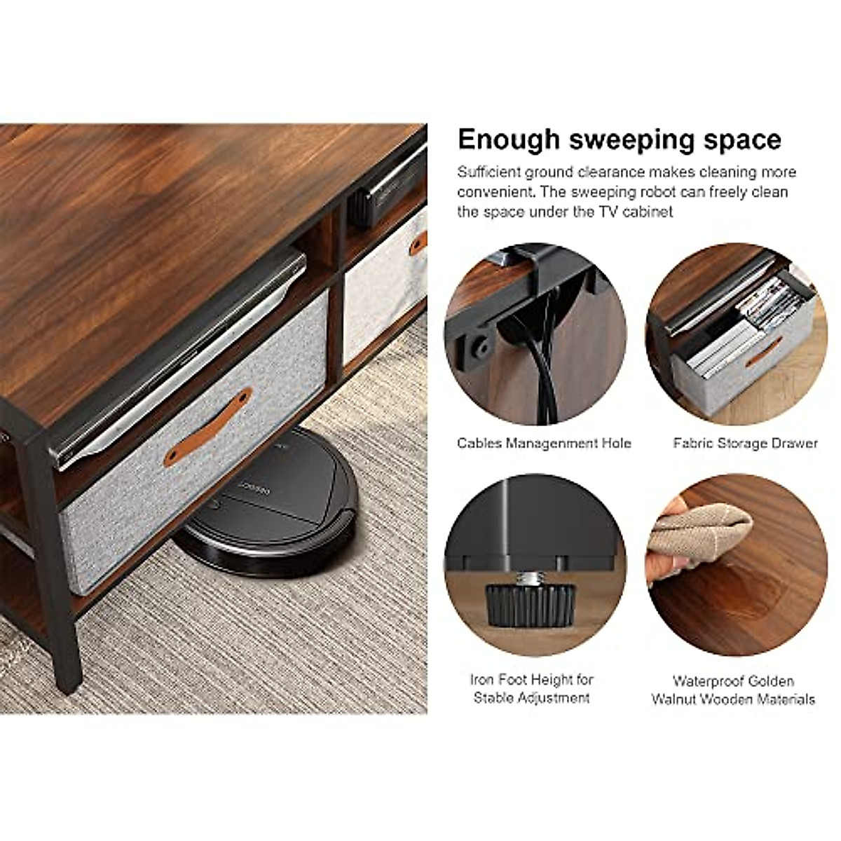 FITUEYES Wood Swivel Floor TV Stand with Mount for 37-75 Inch TVS, Television Stands with Storage for Bedroom - Height Adjustable, Cable Management, Removable Fabric Drawers, VESA 400x600mm, Walnut