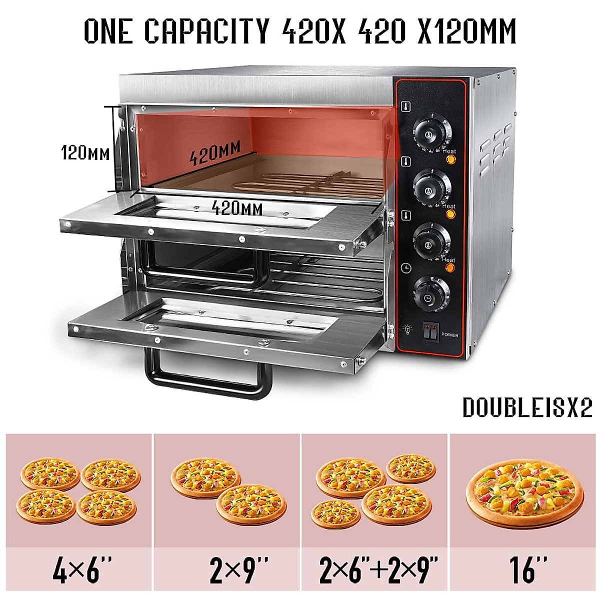 Shikha Commercial Pizza Oven 16 inch Pizza Double Deck 3000W 110V Electric Oven Multipurpose Toaster Bake Broiler 40L Capacity Stainless Steel for Restaurant Home Pizza Pretzels Baked Roast Yakitori