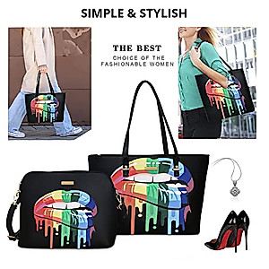 Satchel Bags for Women Fashion Handbag Leather Shoulder Bag Large Capacity Black Work Bag 2 PCS Set (Mouth)