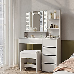 Furniouse 37" W Vanity Desk, Vanity Mirror with Lights and Table Set with 5 Drawers, Vanity Set 3 Lighting Modes Brightness Adjustable for Bedroom Studio