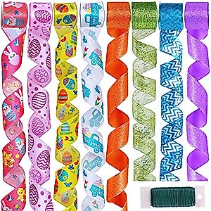 8 Rolls 48 Yards Assorted Easter Decorative Wired Ribbons Easter Egg Trunk Bunny Chick Satin Ribbons Sheer Glitter Tulle Organza Ribbons 2.5" W for Easter Wreath Gift Bow Decoration