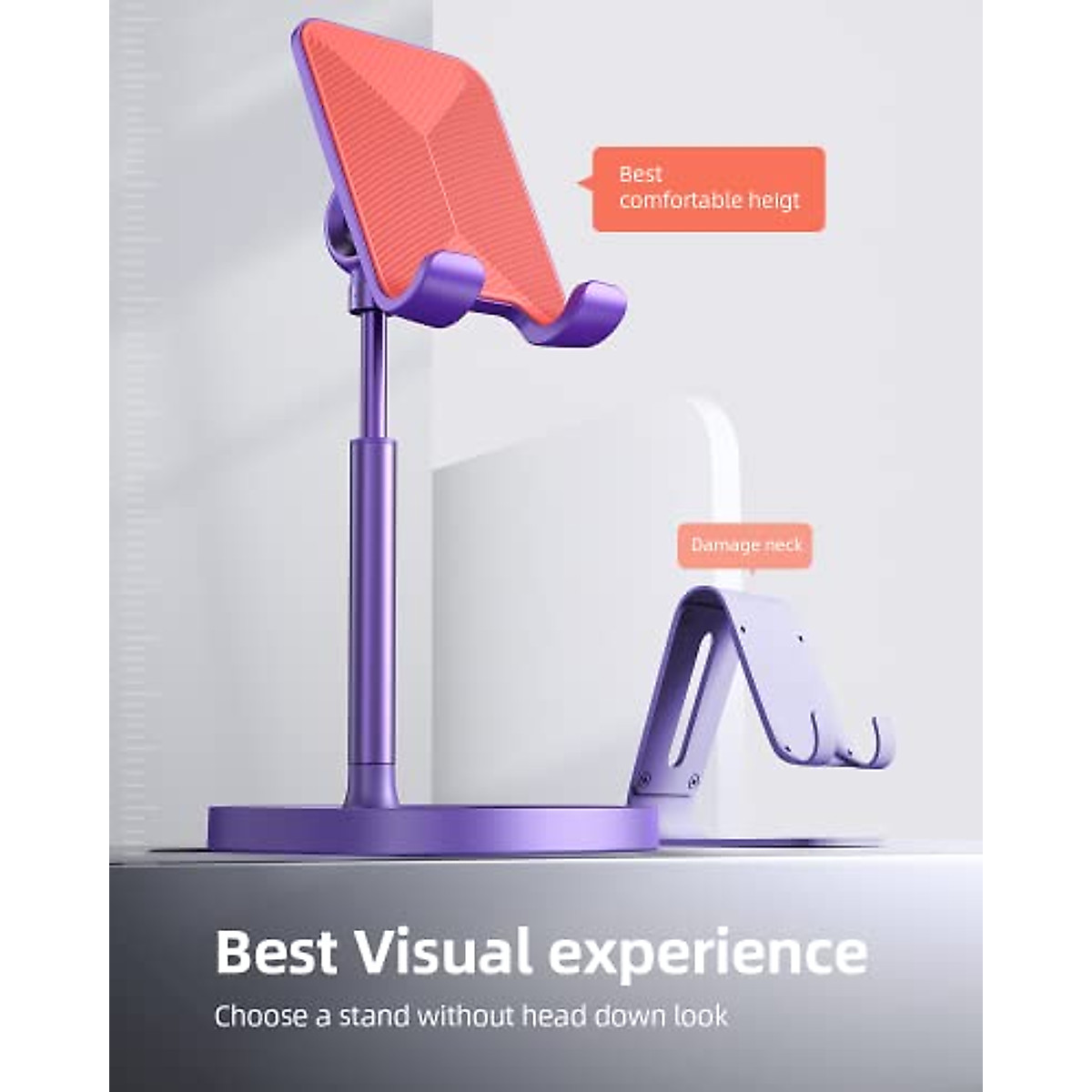 LISEN Purple Cell Phone Stand, Angle Height Adjustable Stable Cell Phone Stand for Desk, Sturdy Aluminum Metal Phone Holder Fits iPhone 14 Pro Max Samsung Kindle All 4''-10'' Devices etc…