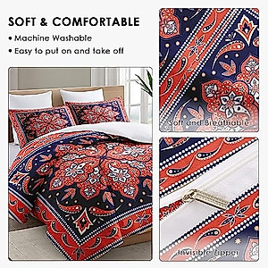 Duvet Cover Queen Size, Paisley Mandala Floral Vintage Bedding Set with Zipper Closure for Kids and Adults, Woman Red Bohemian Comforter Cover with 2 Pillow Shams for Bedroom Bed Decor