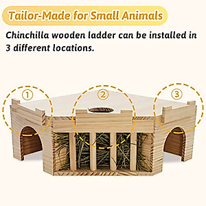 Fhiny Guinea Pig Wooden Castle with Hay Holder, Ventilated Chinchilla Hideout with Feeding Bowl Ladder, Small Animal Multi Chamber Hideaway for Young Guinea Pigs Chinchillas Hedgehogs