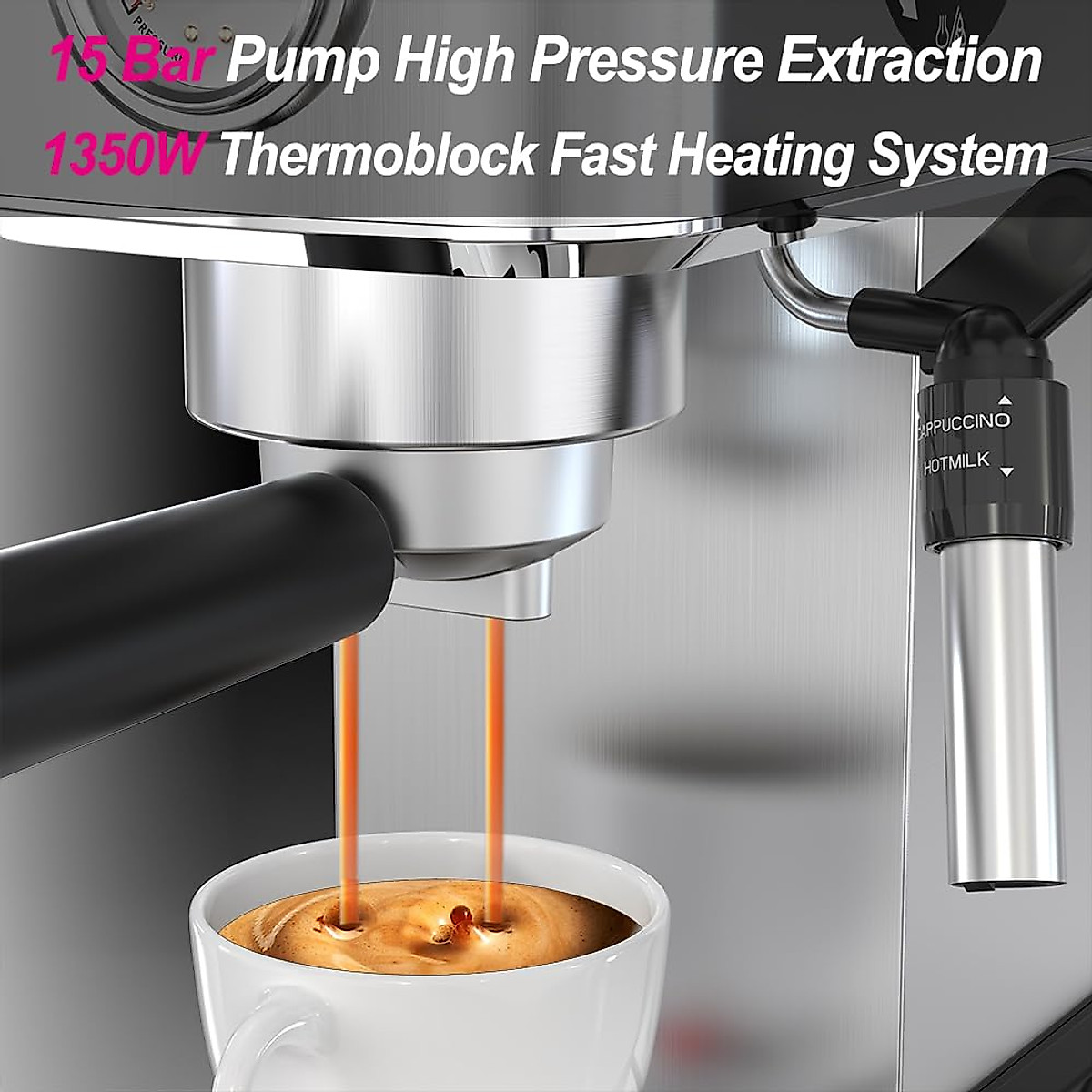 lecon chef Espresso Machine 15 Bar Coffee Machine With Steam Milk Frother Stainless Steel Coffee Maker 34oz Water Tank 1350W for Latte, Cappuccino