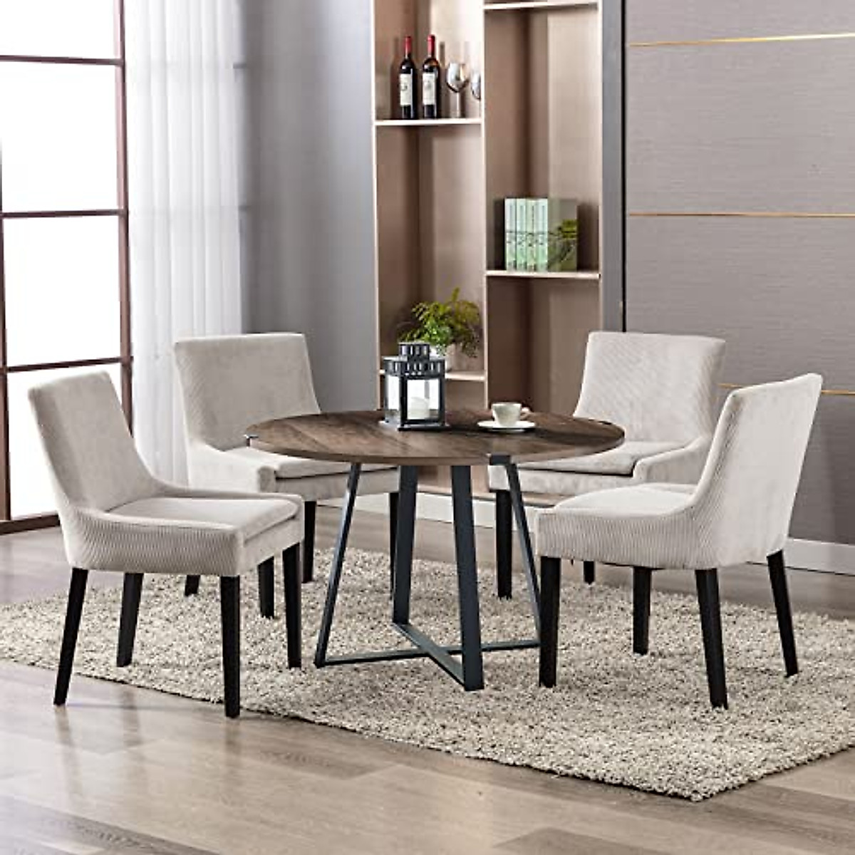 COLAMY Modern Dining Chairs Set of 6, Upholstered Corduroy Accent Side Leisure Chairs with Mid Back and Wood Legs for Living Room/Dining Room-Beige