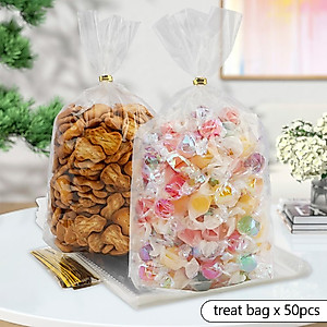6"x 9" Bottom Gusset Bags, Cellophane Bags, 50Pcs Clear Cellophane Gift Bags with Twist Ties, Cello Cellophane Treat Goodie Bags for Party Favors Packaging Candy Cookies Popcorn Food Storage Wrapping