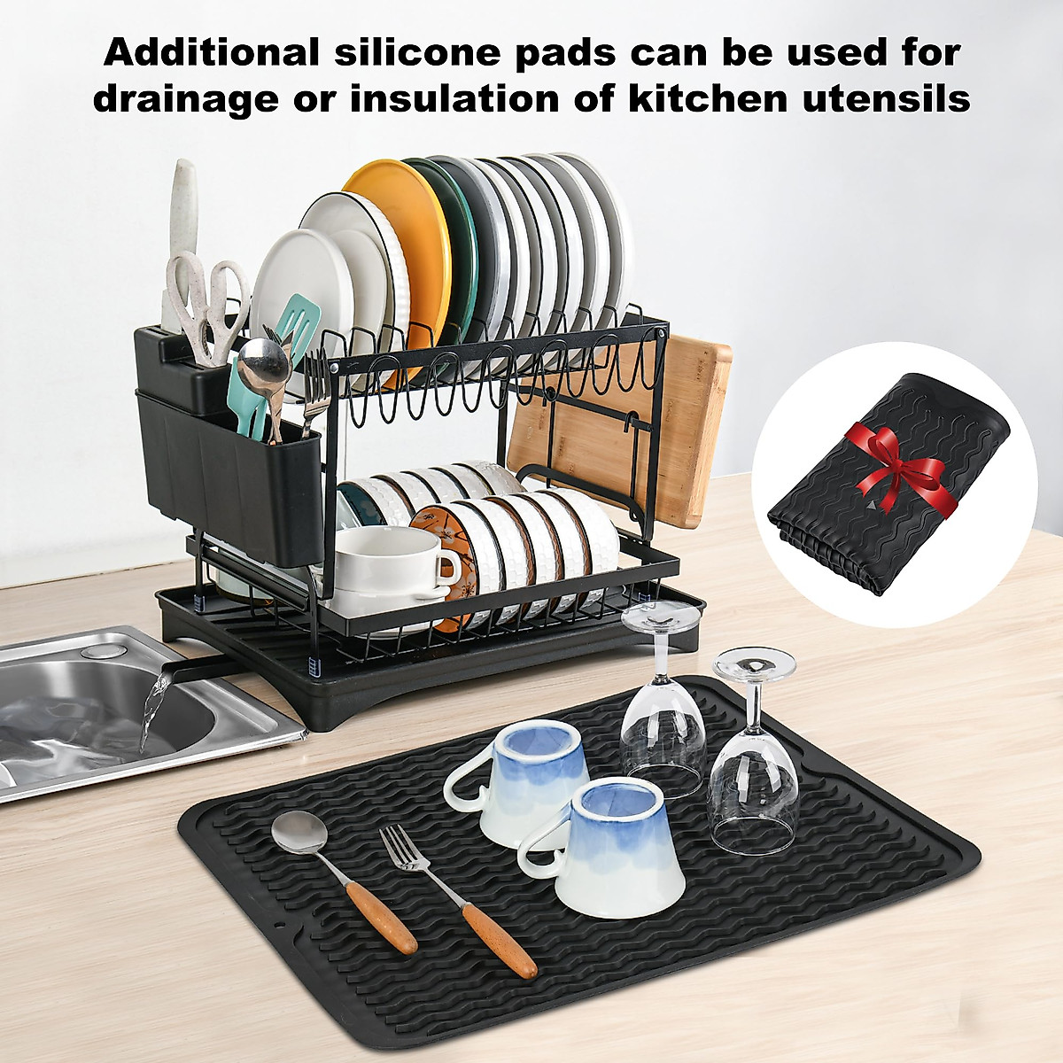 SRIVIJA 2 Tier Detachable Large Sink Dish Drying Rack Over The Kitchen Counter with Drainboard&Silicone Dish Drying Mat,Kitchen Large 2 Tier Stainless Steel Drying Rack with Dishes Drainer(Black)