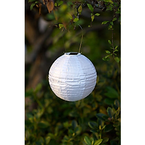 Allsop Home and Garden Soji Original 10â€ Round LED Outdoor Solar Lantern, Handmade with Weather-Resistant UV Treated Nylon, Stainless Steel Hardware, Auto sensor on/off, Chinese Style Globe Light, White w/ Amber LED (1-count)