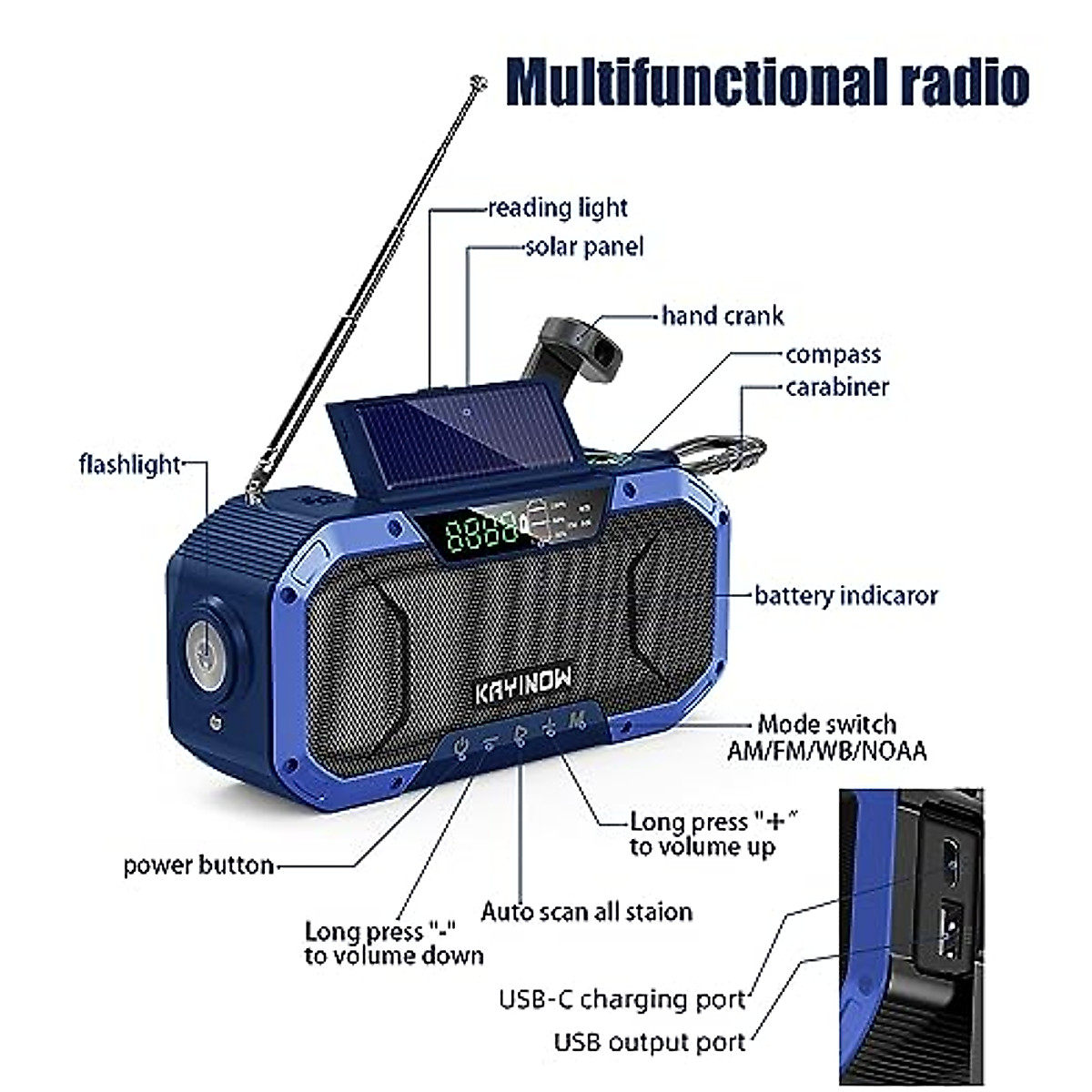Emergency Radio Hand Crank Solar,Portable AM FM NOAA Weather Digital Radio,Waterproof Wind Up Rechargeable Radio with 5000mAh Battery Power,Flashlight Cell Phone Charger,Reading Lamp,Outdoor Survival