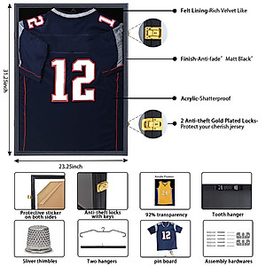 IHEIPYE Jersey Display Frame Case Lockable, Large Sport Jersey Shadow Box with 98% UV Protection Acrylic and Hanger for Baseball Basketball Football Soccer Hockey Shirt and Uniform,Black