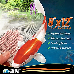 Aquatic Experts 4 Pack Koi Pond Mesh Media Filter Bags - High Flow - 8 inch by 12 inch Pouch with Drawstrings for Activated Carbon - Reusable Water Garden or Aquarium Charcoal Filter Bag (4 Pack)