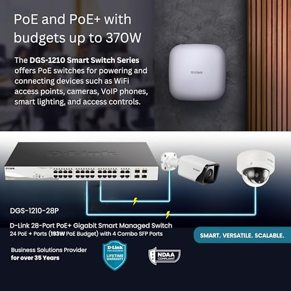 D-Link 28-Port Gigabit Smart Managed PoE+ Switch |24 PoE+ Ports (193W) + 4 SFP Combo Ports |L2+ | VLANs | Web Managed | Surveillance Mode | Rackmount | NDAA Compliant |Lifetime Warranty (DGS-1210-28P)