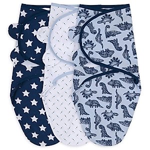 The Peanutshell Baby Swaddle Blankets for Boys or Girls, Blue Dinosaur & Stars, 3 Pack Wrap Set, 2 Sizes (Small/Medium)