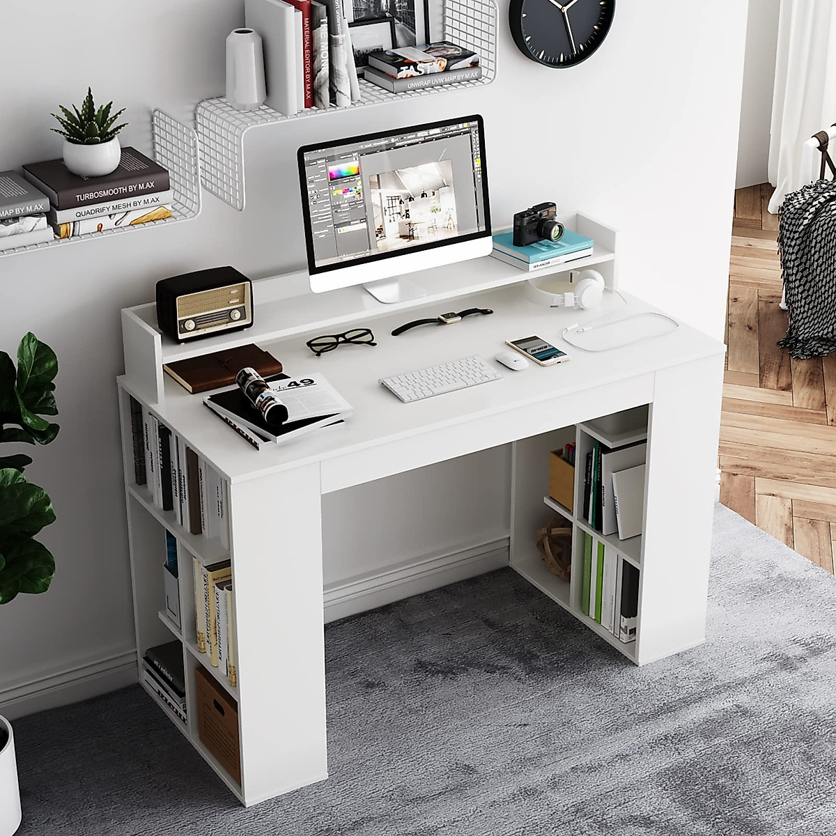 Tangkula 48” White Desk with Storage Bookshelf, Home Office Computer Desk with Dual 3 Tier Bookshelf & Monitor Shelf, Study Writing Desk with Anti-Tipping Kit, Executive Desk for Study & Bedroom