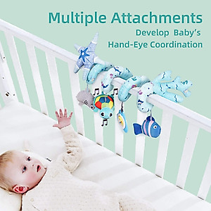 Upscale Trail Deluxe 5-Piece Spiral Plush Toy Set - Cute Hanging Baby Rattle Animals including Shark Ideal Stroller, Crib Mobile, & Car Seat Toys for Babies 0-6 months up to 1 Year Coral Blue