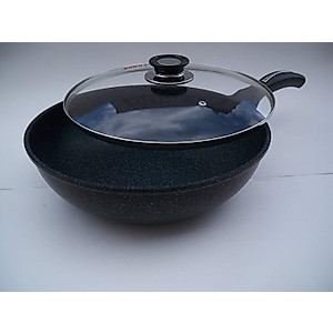 Ceramic Marble Coated Cast Aluminium Non Stick Stir Fry Wok With Glass Lid (34 cm)
