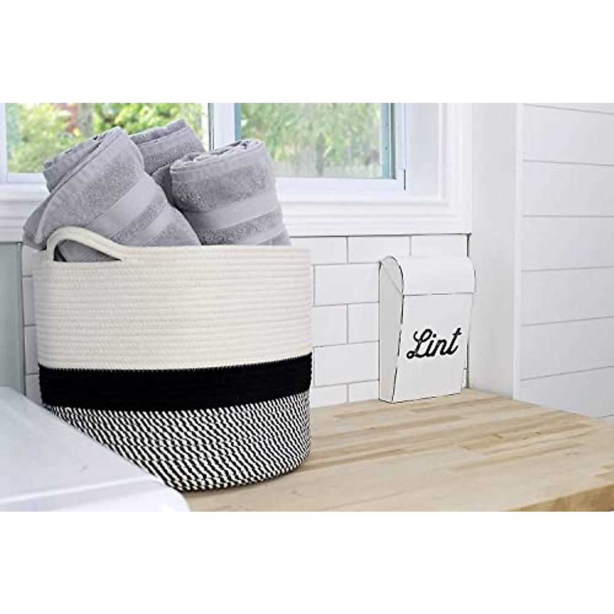 AuldHome Farmhouse Enamelware Lint Holder Bin; Distressed White Laundry Room Decor