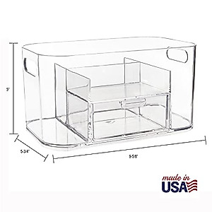 STORi Bliss 4-Compartment Plastic Vanity Organizer with Small Accessory Drawer in Clear | Rectangular Makeup, Skincare, & Cosmetic Storage Bin with Pass-Through Handles | Made in USA