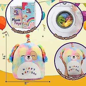 Easfan 14’’ Rainbow Birthday Dog Plush Pillow Soft Puppy Plush Toy Cute Dog Stuffed Animal Home Room Decoration Birthday Gift for Kids Toddlers