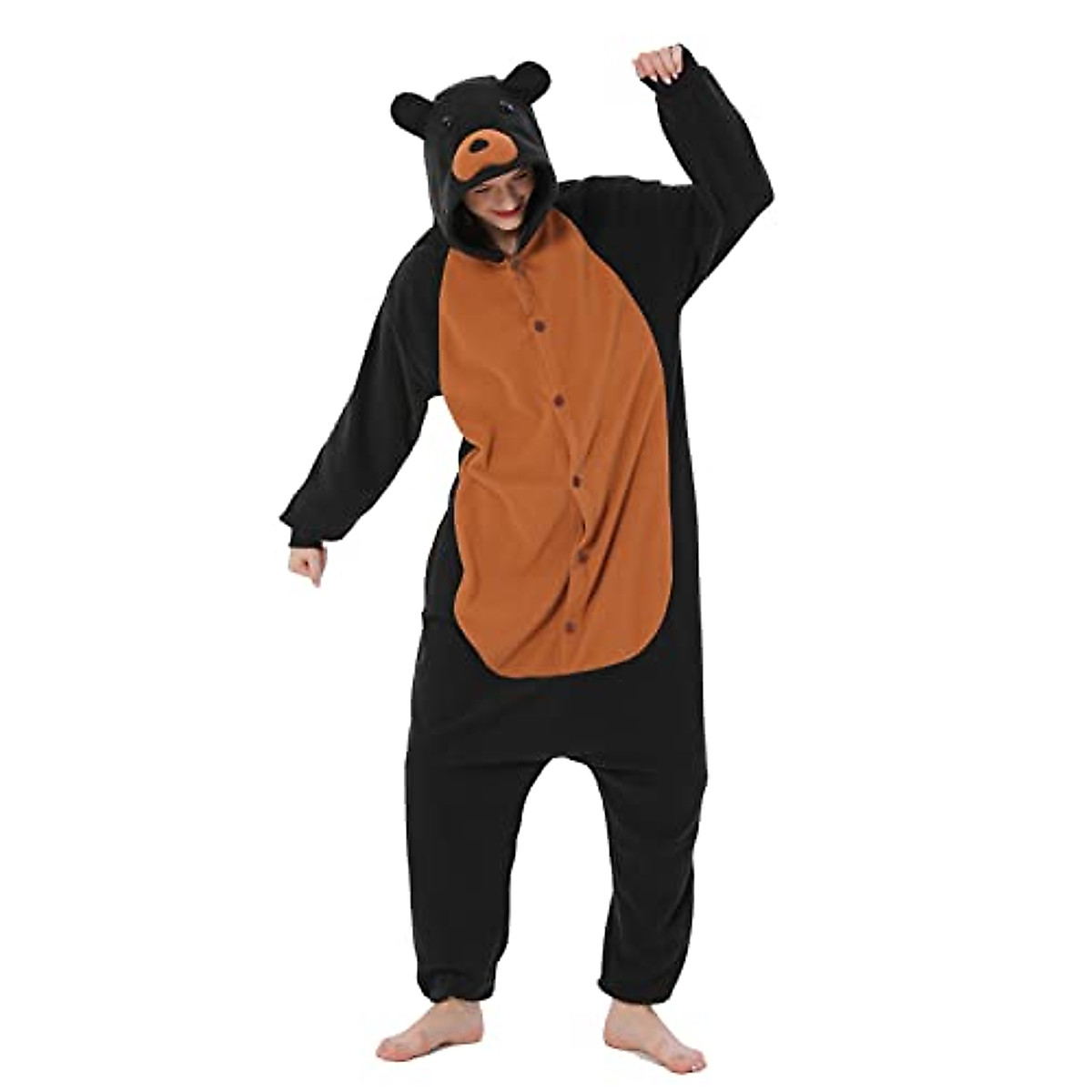 Unisex Adult Bear Costume Pajamas, Animal Costume Halloween Sherpa Women's Cosplay Christmas One Piece Costume Black Bear XL