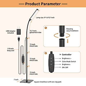 iFalarila Floor Lamp, Reading Lamps Floor Standing [120 LEDs with 3 Color Mode 3000K-6000K & 10 Brightness Setting] Dimmable Desk Light with Flexible Gooseneck for Living Room Bedroom Office
