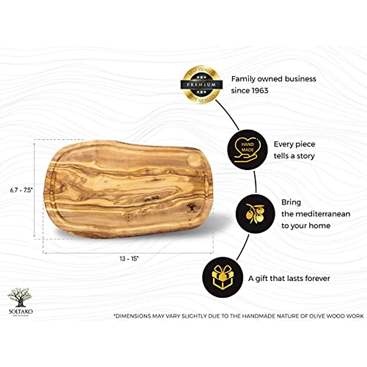 SOLTAKO Olive Wood Cutting Steak Board, Large Cheese Board, Hand Made Serving Platter, Wooden Charcuterie Board, Rustic Chopping Board with Juice Groove