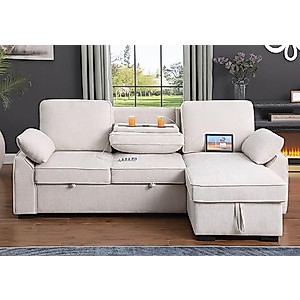 L-Shaped Pull Out Sleep Sofabed,Modern Reversible Sleeper Sectional Sofa Chenille Upholstered Button Tufted Decor with Storage Chaise, Drop-Down Table, Cup Holders and Charging Ports (USB & Type-C)