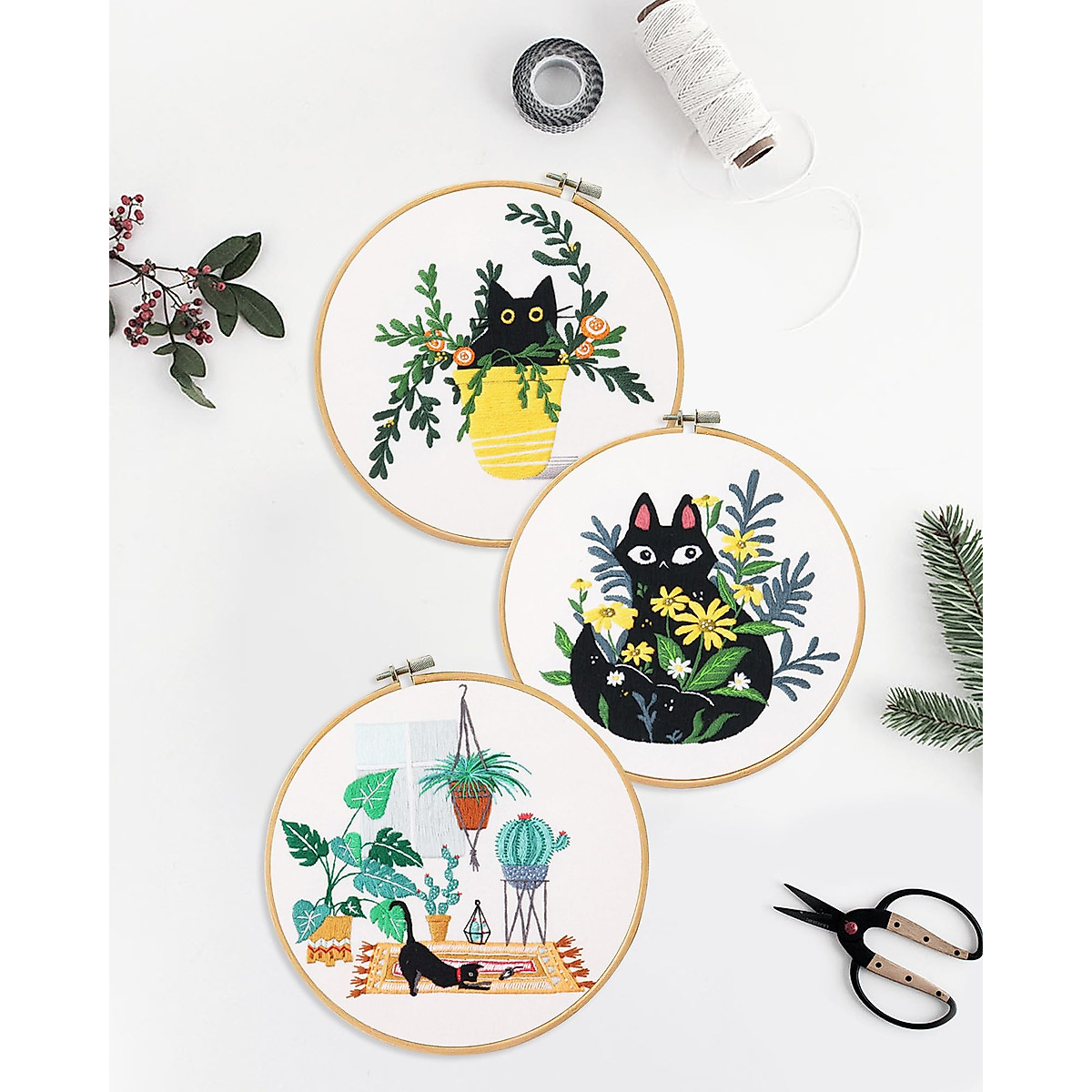 Santune 3 Pack Embroidery Kits for Adults Cross Stitch Kits for Beginners Hand Embroidery with Cat Patterns and Instructions Hobby Kits for Adults with Embroidery Hoops, Threads and Needles