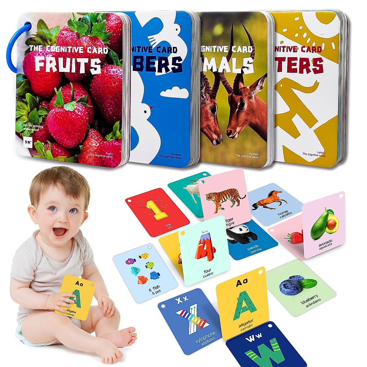 JONZOO Bilingual Baby Flash Cards, 100 Pages Toddler Flashcards with Rings & Holes, Educational Toy for Kids Baby Toddlers Over 6 Months Learn ABCs/Language/Numbers/Animals/Fruits(Visual Cards)