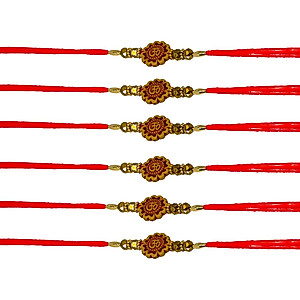 IndiaBigShop Set Of 6 Rakhi for Brothers Om Design Round Rakhi with Beads Design Rakhi Bracelet Multi Design Beads And Assorted Color for Rakhi Festival