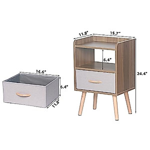 LUCKNOCK NightStand with Fabric Drawer, Bedside Table with Solid Wood Legs, Minimalist and Practical End Side Table with Open Storage Shelf for Bedroom,Walnut.