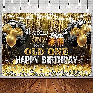 AIBIIN 7x5ft Happy Birthday Backdrop for Men A Cold One for The Old One Black and Gold Glitter Balloon Photography Background 30th 40th 50th Bday Beer Party Decoration Banner Photo Shoot Studio Props