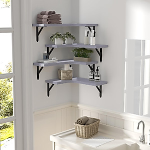 ROMGUAR CRAFT Corner Floating Shelves Wall Mounted Set of 4, Rustic Wood Storage Display Wall Shelves for Home Decor, Bathroom, Kitchen, Bedroom, Living Room, Office (Grey)