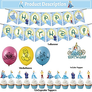 42 Cinderella Birthday Party Supplies Princess Theme Party Favor Includes Happy Birthday Banner,Balloons,Swirls,Cake Toppers for Kids Adults