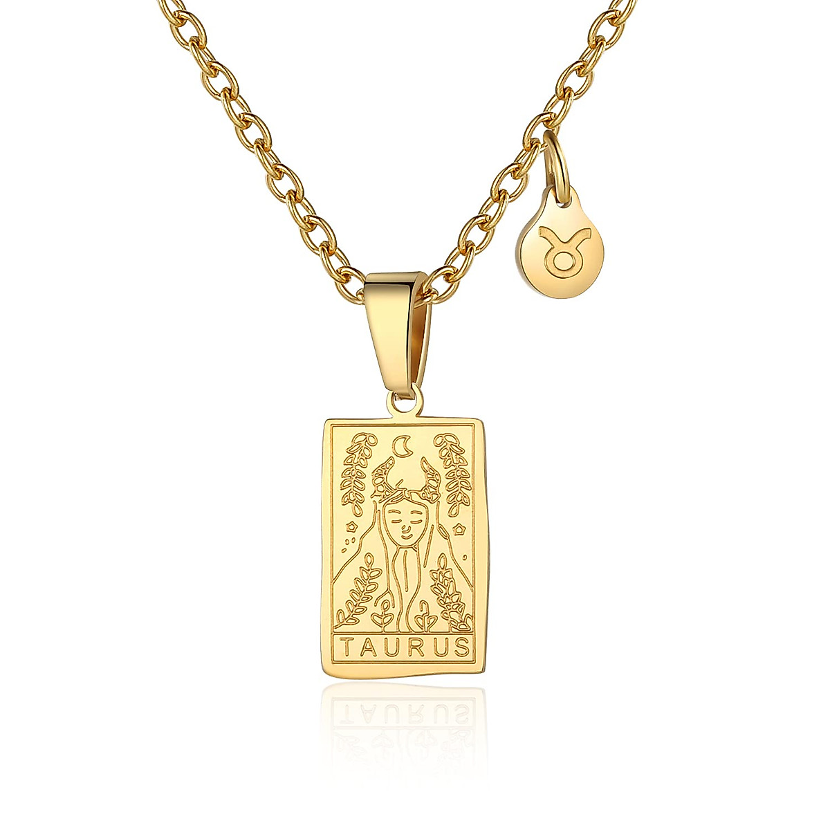 Zodiac Sign Necklace for Women Constellation Tarot Card Pendant Double Sided Gold Stainless Steel Waterproof NonTarnish Friendship Jewelry Gift（Taurus）