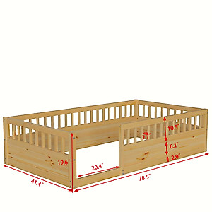 VPXTA Twin Size Toddler Floor Bed Frame for Kids，Montessori Bed with High Fence Railings，Wood Playhouse Bed with Rails (Natural, Twin)