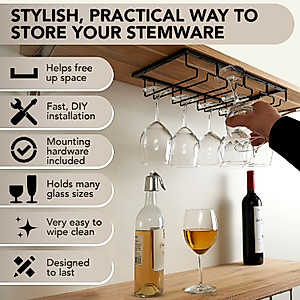 Under Cabinet Wine Glass Holder - 4 Row Hanging Wine Glass Rack With A Steel Wine Stopper - Our Under Shelf Wine Glass Holder is Great for Wine, Brandy, Margarita, Martini & More - 2 Racks, Black