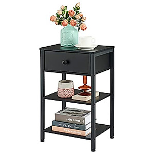 Hoctieon Nightstand, Nightstand with Drawer, Small Bedside Table, End Table with Drawer, Small Nightstand, Industrial Nightstand, Easy Assenbly, for Bedroom, Living Room, Office, Wood, Black