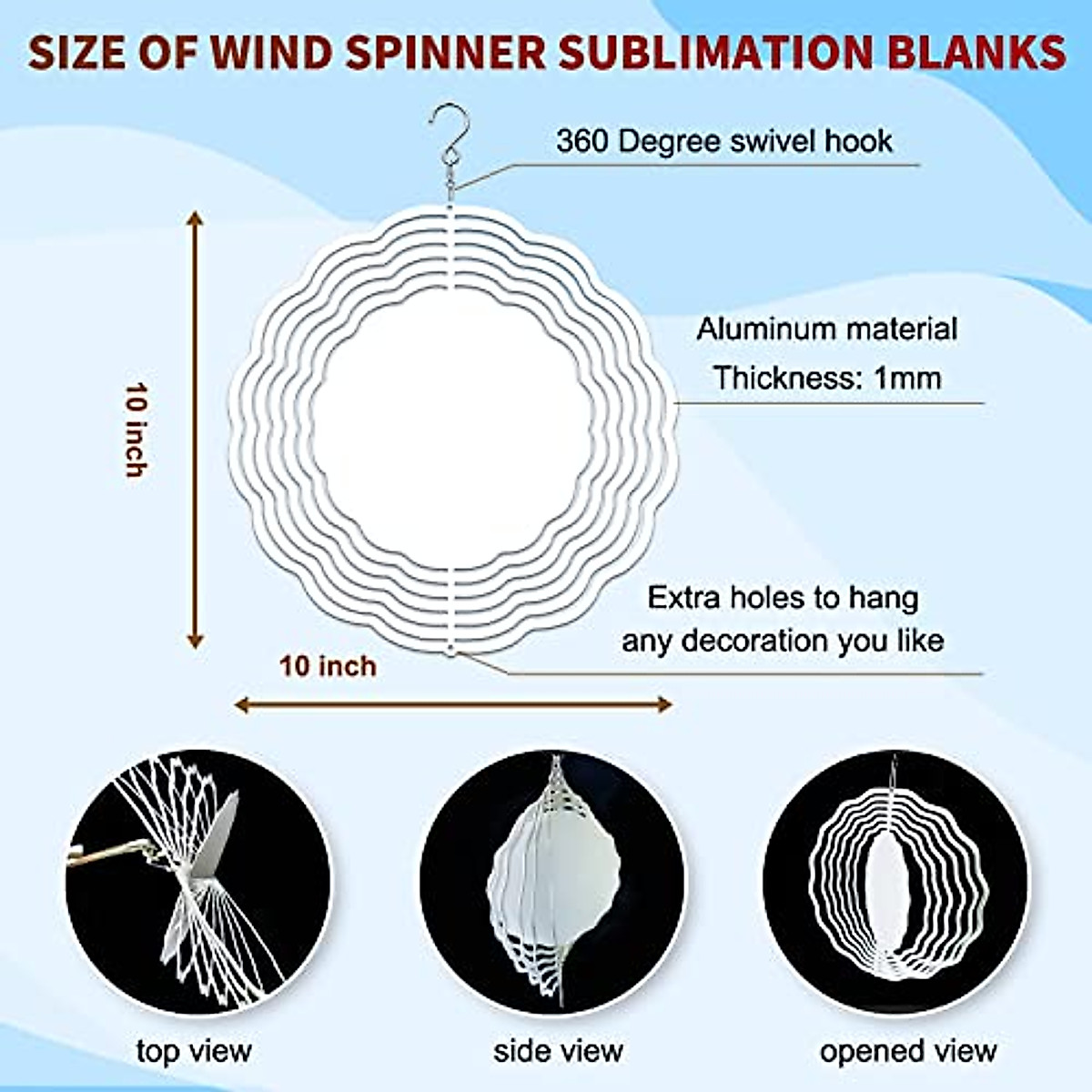 4 Pack 10 Inch Sublimation Wind Spinner Blanks, 3D Aluminum Wind Powered Kinetic Sculpture, Spinner Suspension Trim for Yards & Gardens（Round）