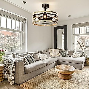 YITAHOME 20'' Modern Enclosed Ceiling Fan Indoor with Remote Control, Caged Industrial Ceiling Fan, Reversible Motor, 6 Speeds, Timer, for Living Room, Bedroom, Kitchen, Black & Oak