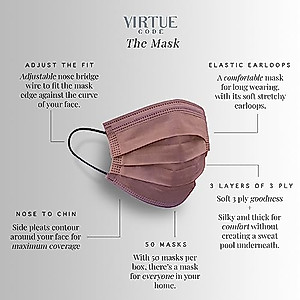 VIRTUE CODE Balance Face Masks - Soft 3 Ply Comfort Face Masks, Colorful Disposable Face Mask 50 Pack. Desert Rose Colored Masks. Adults Mens and Womens Disposable Face Masks